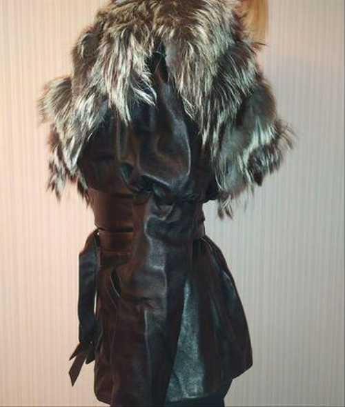 Куртка женская кожаная с Чернобуркой и капюшоном