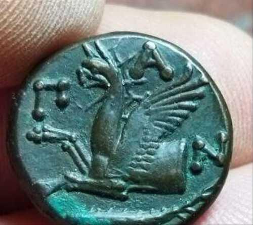 Античная монета -Грифон-осетр-Сатир.Пантикапей