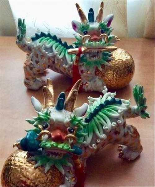 Керамические статуэтки зелёных драконов Фэн-шуй