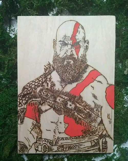 God Of War. Кратос. Картина на дереве. Пирография