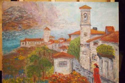 Картина "Старый город Море Дама в красном, Ворон"