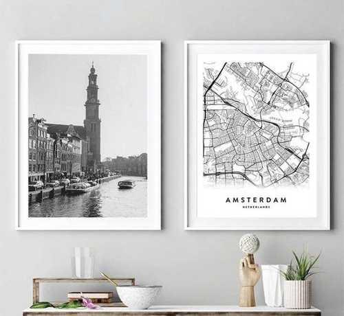 Картина постер в интерьер "Карта города Амстердам"