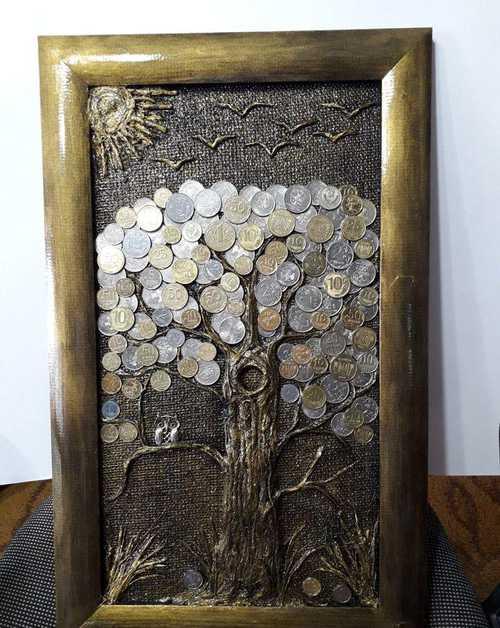 Панно-Картина "Денежное дерево" из монет. 32Х52