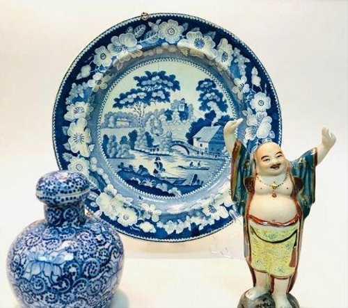 Старинный флакон, тарелка и статуэтка Хотей Китай