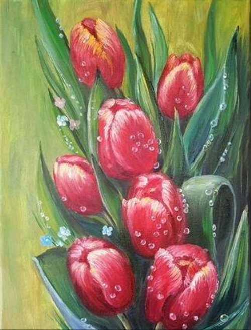 Картина маслом "Тюльпаны в росе"