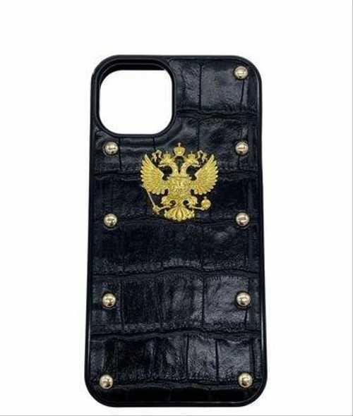 Кожаный чехол на iPhone 13 с гербом России