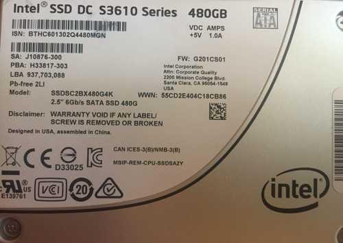 SSD 480 Gb SATA 6Gb/s Intel DC S3610 Series