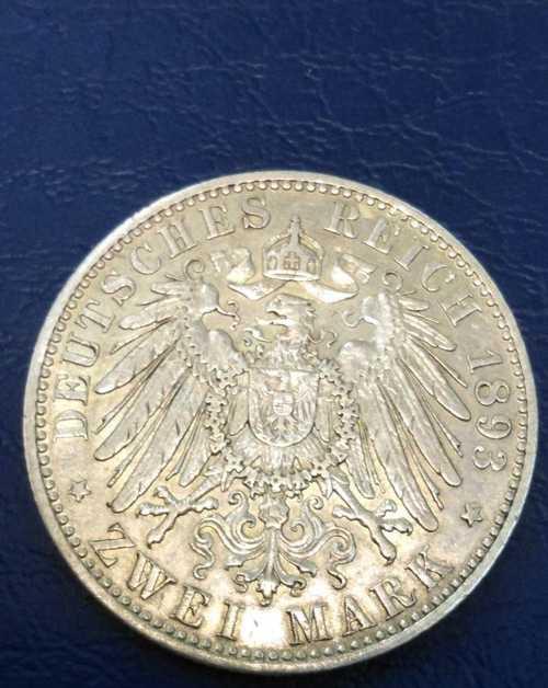 Монета 2 марки 1893 г. Пруссия серебро
