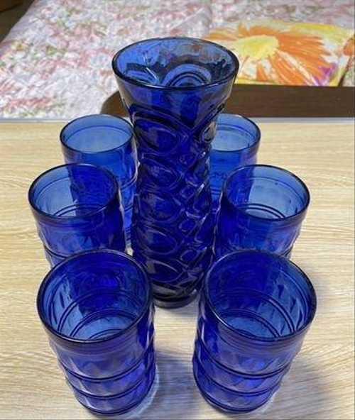 Бокалы синие стекло cobalt кобальт ваза синяя