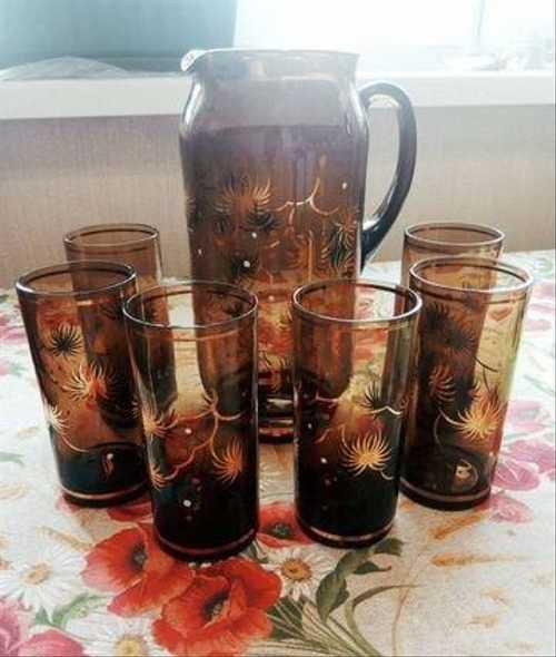 Кувшин и 6 стаканов из цветного стекла Bohemia