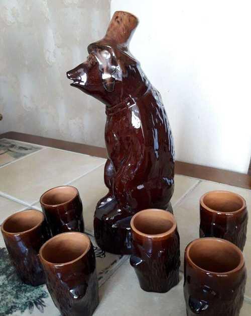 Штоф Медведь со стопками пеньками керамика винтаж