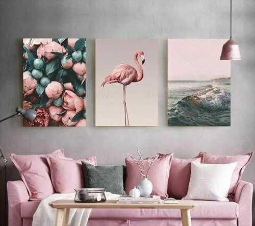 Нежная картина маслом розовый фламинго, цветы в по