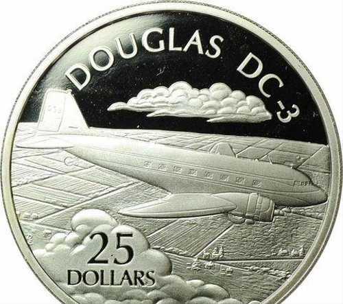 Монета 25 долларов 2003 Douglas DC-3 История Авиа
