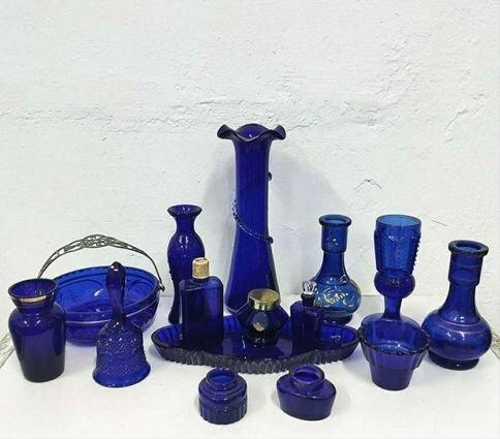 Старинное синее стекло Толстое Довоенное ваза
