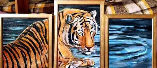 Картина маслом морской пейзаж тигр лев кошка симфе