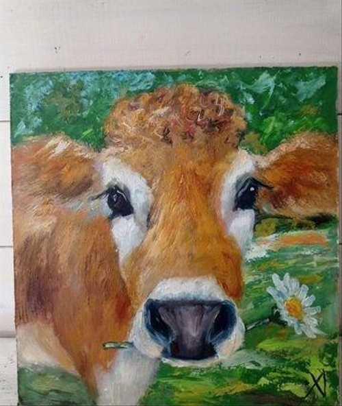 Картина маслом "Корова с ромашкой"
