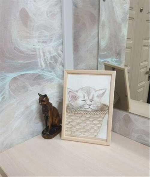 Картина интерьерная котенок акварель в рамке
