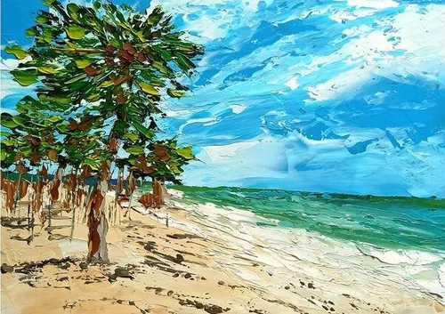 Картина маслом Морской пейзаж Пляж Море с пальмами