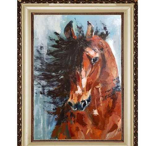 Конь, гнедая лошадь, картина маслом на холсте