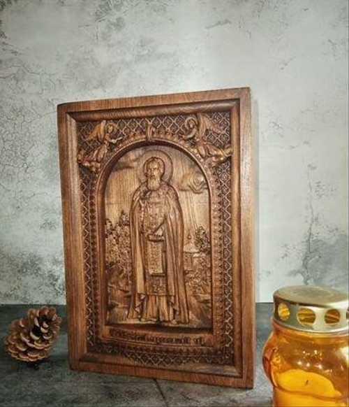 Деревянная резная икона"Святой Сергий Радонежский"