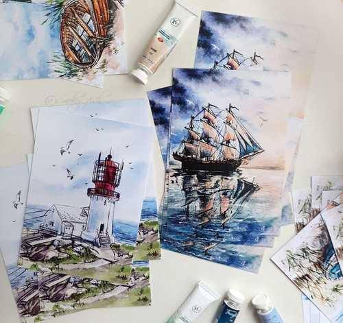 Открытки "Маяк Линдеснес. Норвегия" и "Парусник"