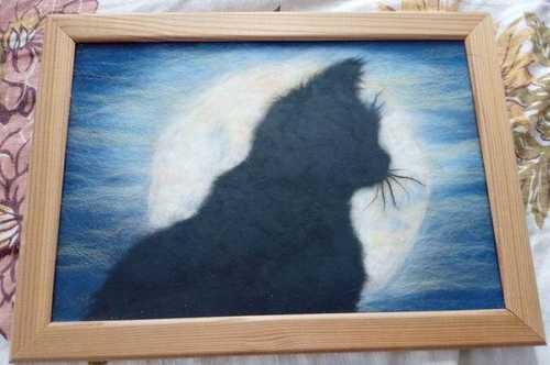 Картина "Лунный кот" шерстяная акварель