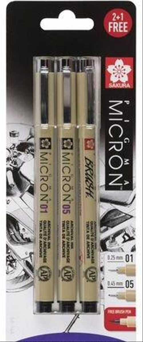 Набор капиллярных ручек "Pigma" (Micron 0,25 мм, 0,45 мм + Brush), 3 штуки, цвет чернил: черные
