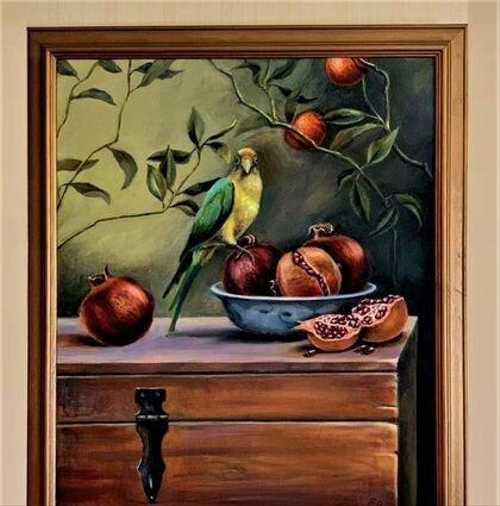 Картина маслом "Натюрморт с попугаем"