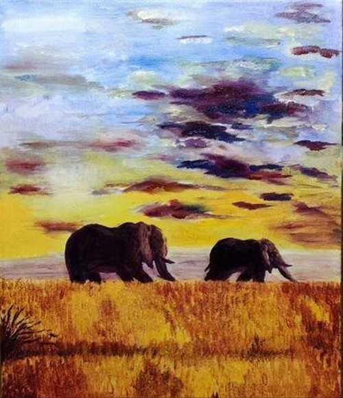 Картина маслом на холсте слоны