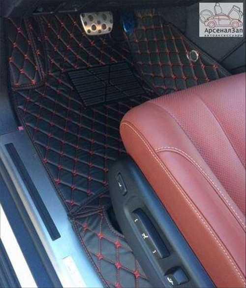 Коврики Lexus LS460, 3D экокожа черные/красный шов