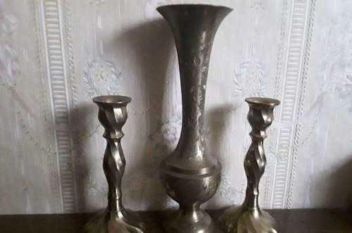 Подсвечники, ваза из латуни Индия