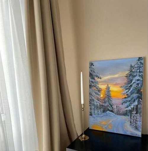 Картина маслом "Рассвет в зимнем лесу"