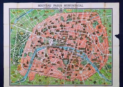 Париж 1950-е карта 77х57см старинная постер план