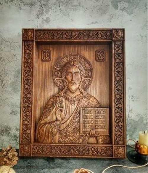 Деревянная резная икона "Иисус Христос"