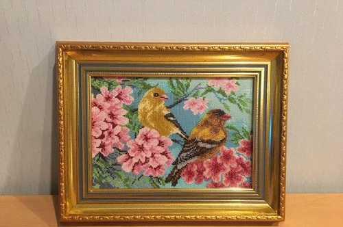 Картина Птицы на дереве Вышивка крестом и бисером