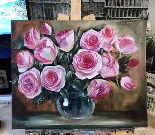 Картина маслом «Розы в вазе»