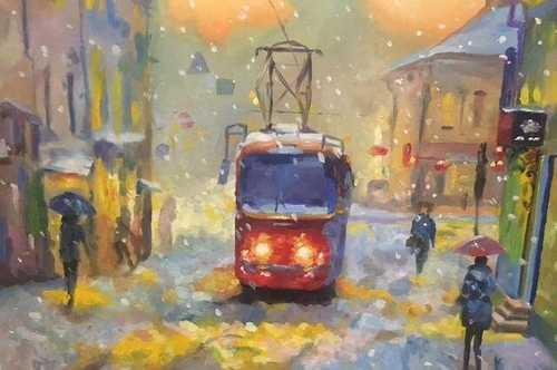 Картина маслом «Зима, метель, трамвай»