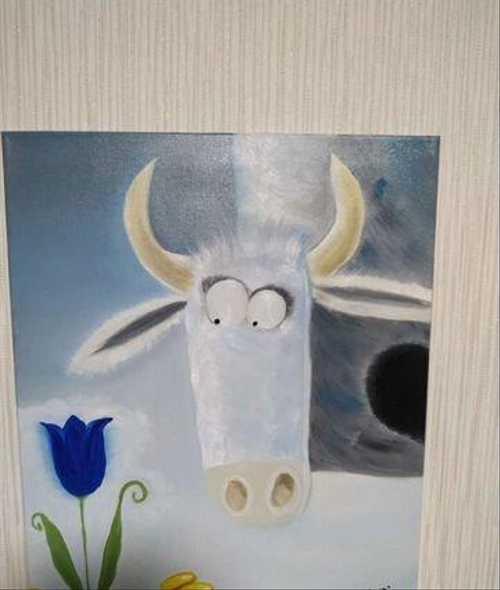 Картина маслом " Бык и цветок"