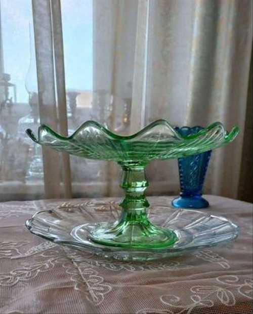 Цветное стекло зеленое Ваза Конфетница Фруктовница