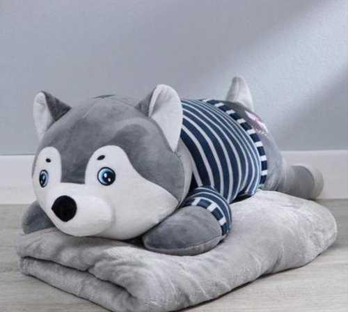 Новая мягкая игрушка собачка хаски с пледом