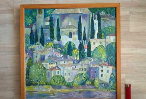 Картина маслом Пейзаж с кипарисами, 43x43см