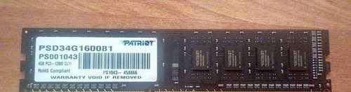 Модуль озу Patriot PSD34G160081 4Gb DDR3 1600MHz