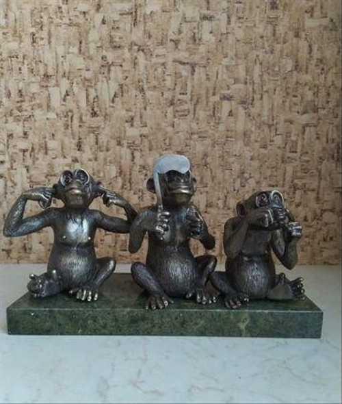 Статуэтки Мудрые обезьяны.Бронза+камень