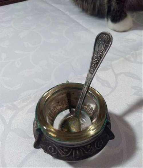 Солонка с ложечкой, мельхиор СССР