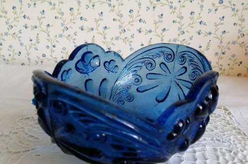 Старинная ваза СССР, Конфетница синее стекло