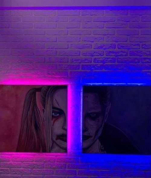 2 картины маслом с подсветкой «Харли и Джокер»