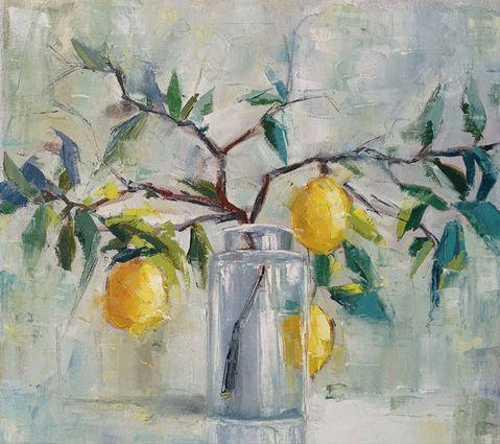 Картина "Ветка с лимонами" масло мастихин 40*40