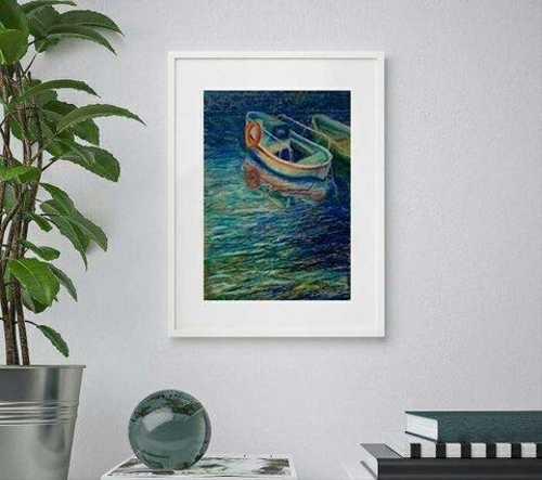 Картина "Лодки у пирса. Ницца", масляная пастель