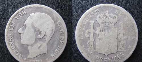 Монета. Серебро. 2 песеты. 1882. Испания
