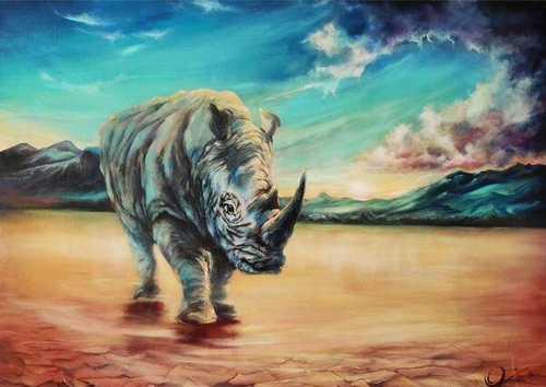Картина маслом холст 100х80 Белый носорог